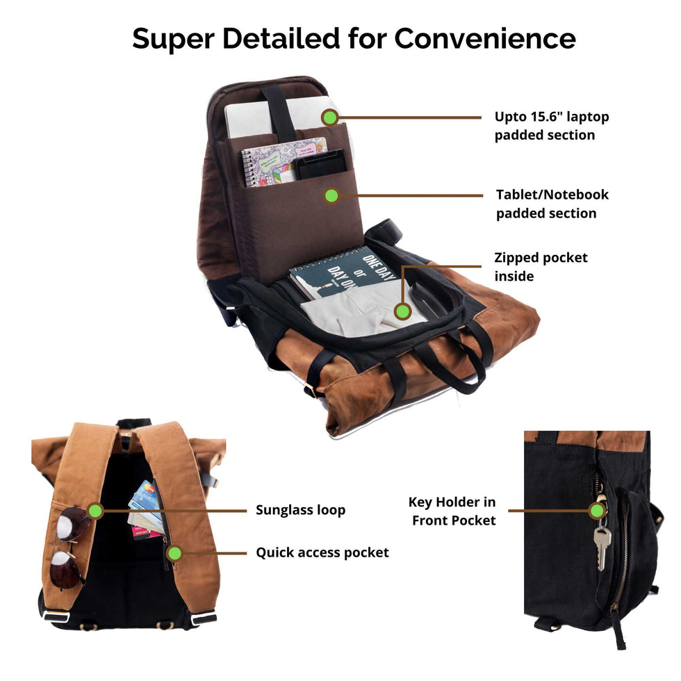 Pangolin Backpack - Water Resistant Canvas Rolltop Travel Eco-Friendly ...